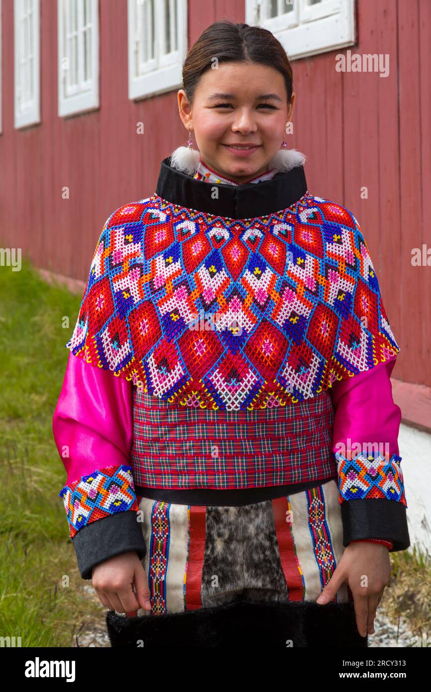 Inuit girl wearing national costume at Qaqortoq, Greenland in July ...