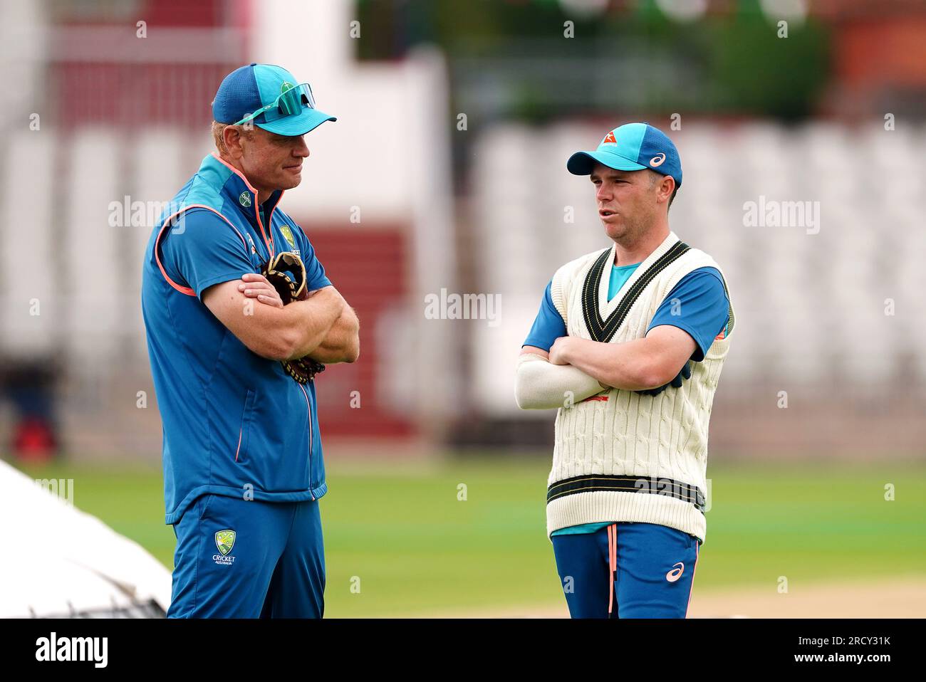 Australia coach Andrew McDonald and Marcus Harris during a nets session ...