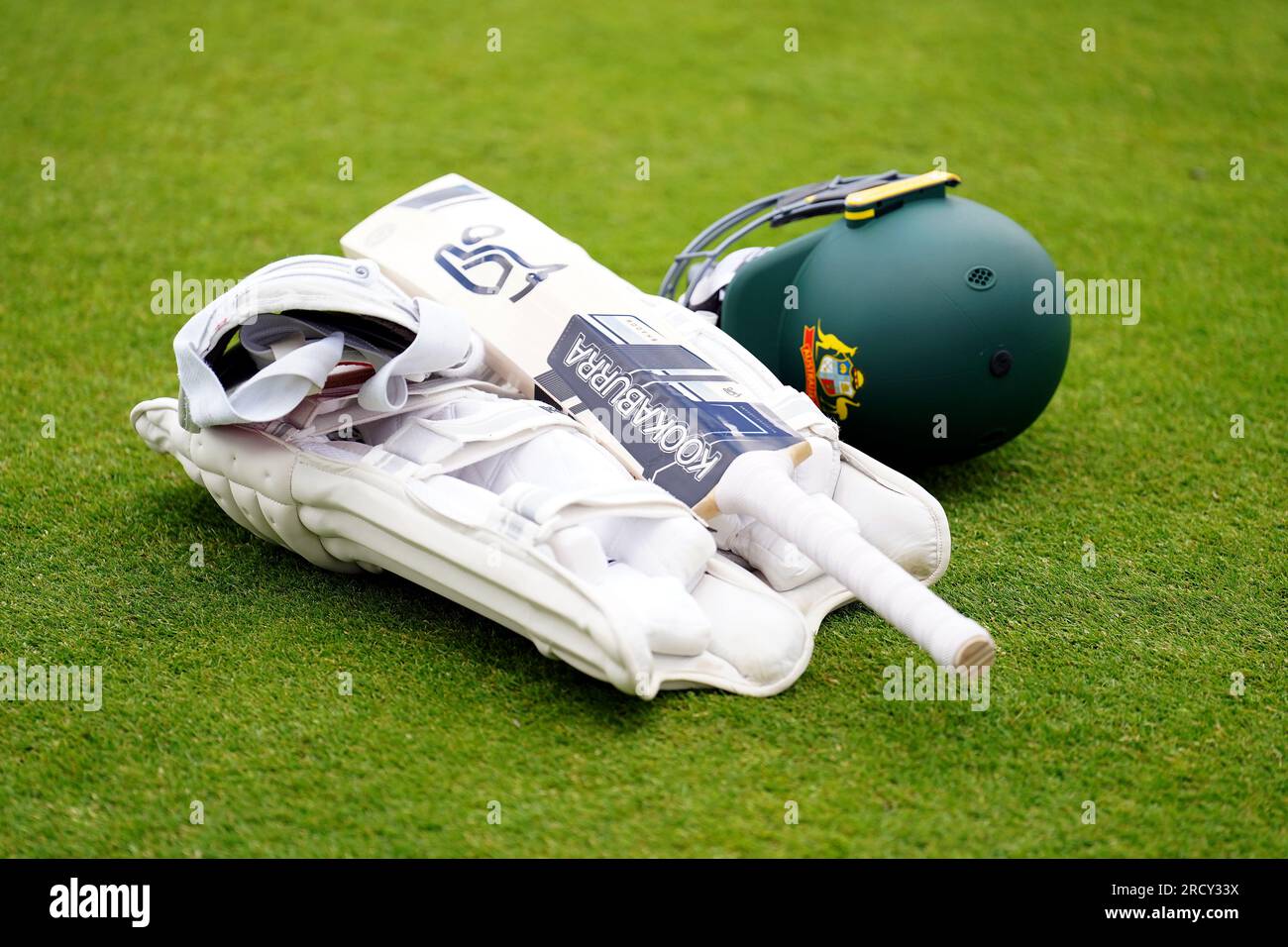 A Kookaburra cricket bat, helmet and pads during a nets session at ...