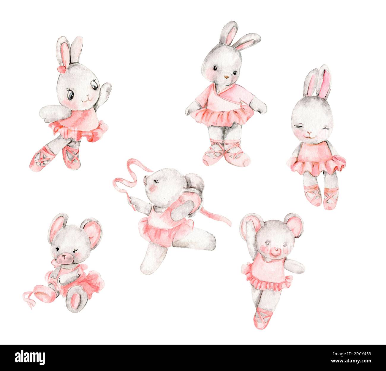 Watercolor hand drawn of mouse ballerina in pink dress. Cute dancing ...