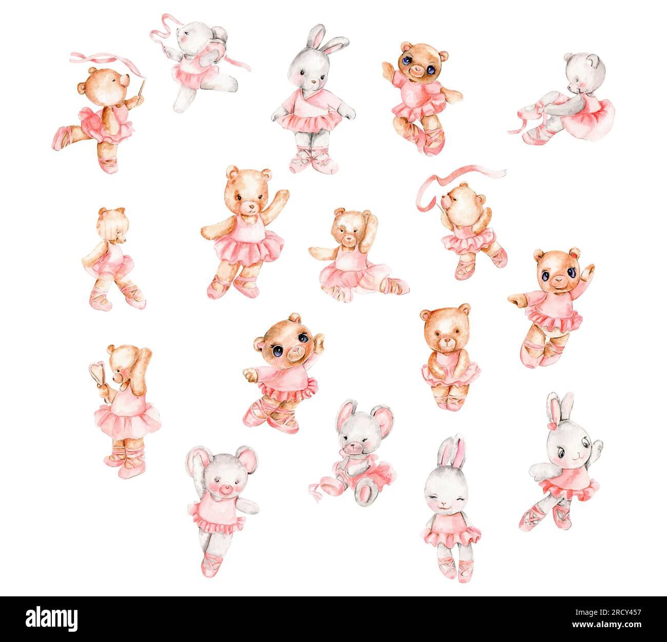 Brown bear and mouse ballerina in pink dress. Dancing mice, watercolor ...