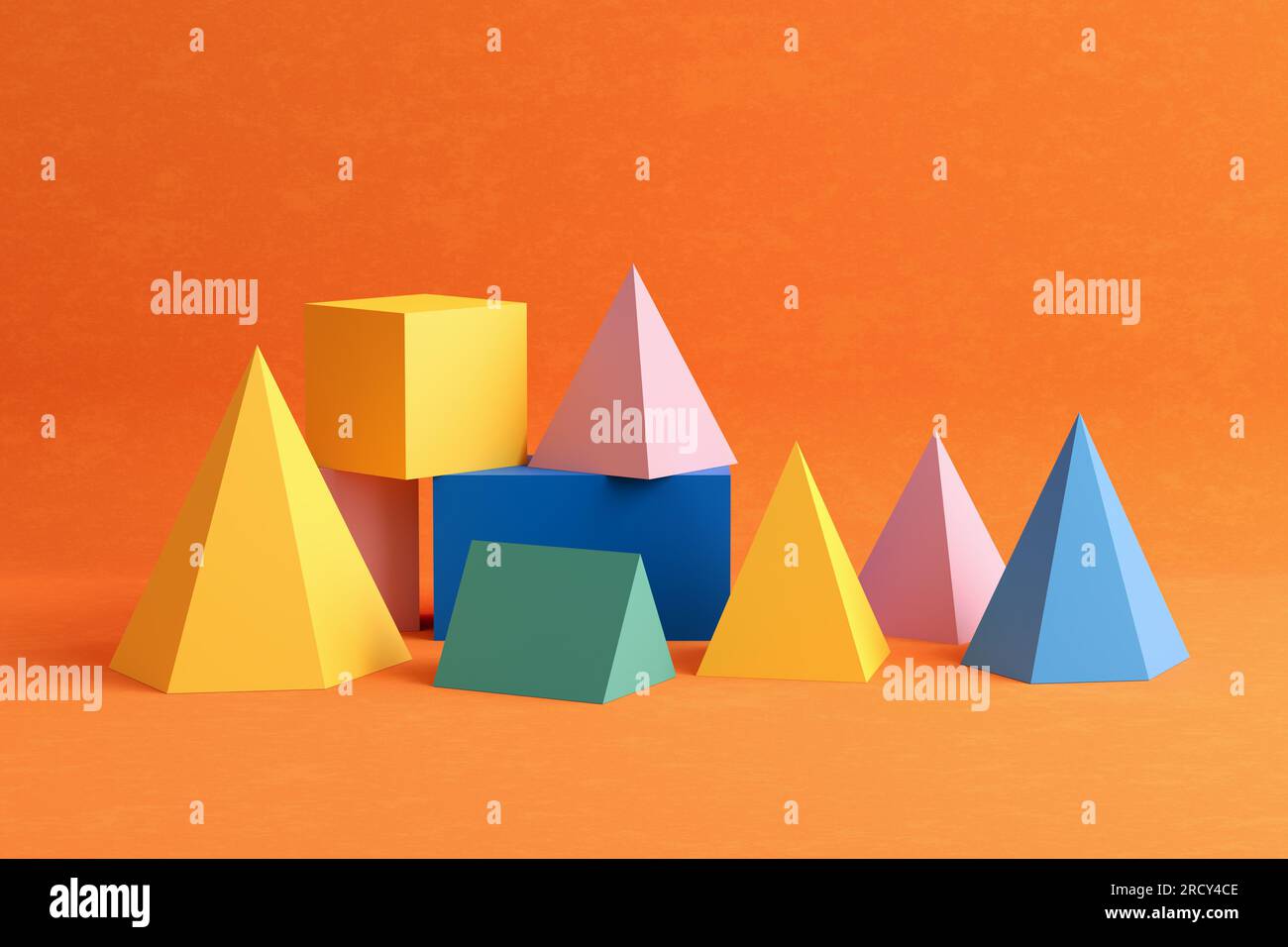 Three Dimensional Prism Pyramid And Rectangular Cube Objects On Orange