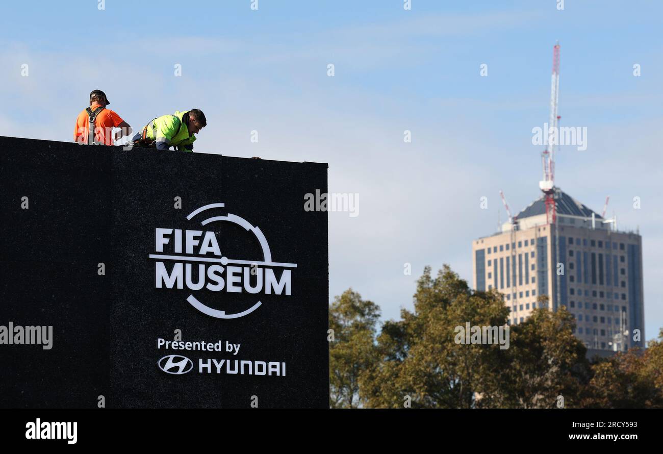 Sydney. 17th July, 2023. Workers are seen on the roof of FIFA Museum in ...