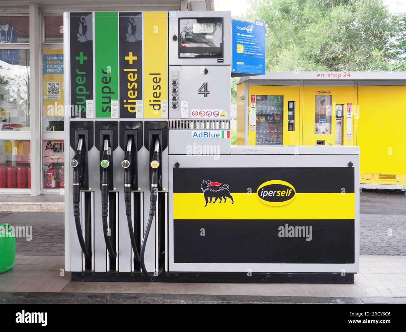 Cremona, Italy - July 3 20223 Self service modern fuel pump at Eni Agip ...