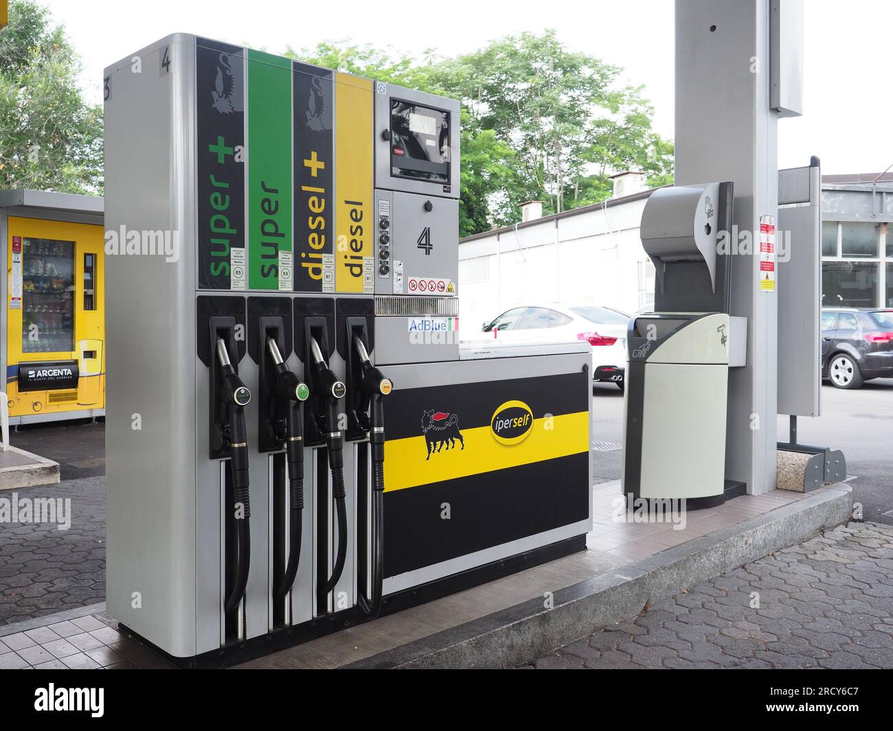 Cremona, Italy - July 3 20223 Self service modern fuel pump at Eni Agip ...