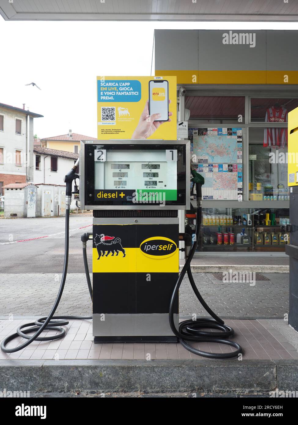 Cremona, Italy - July 3 20223 Self service vintage fuel pump at Eni Agip italian gas station ...