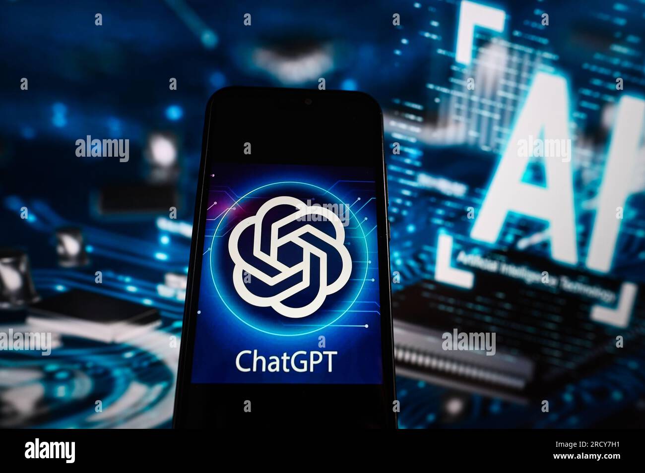In this photo illustration a Chat GPT logo is displayed on a smartphone ...