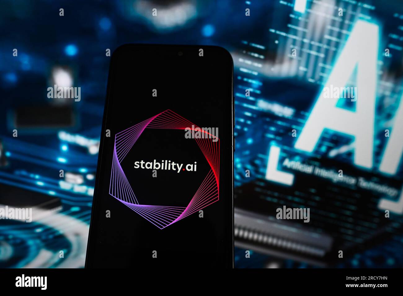 In this photo illustration a Stability.ai logo is displayed on a ...