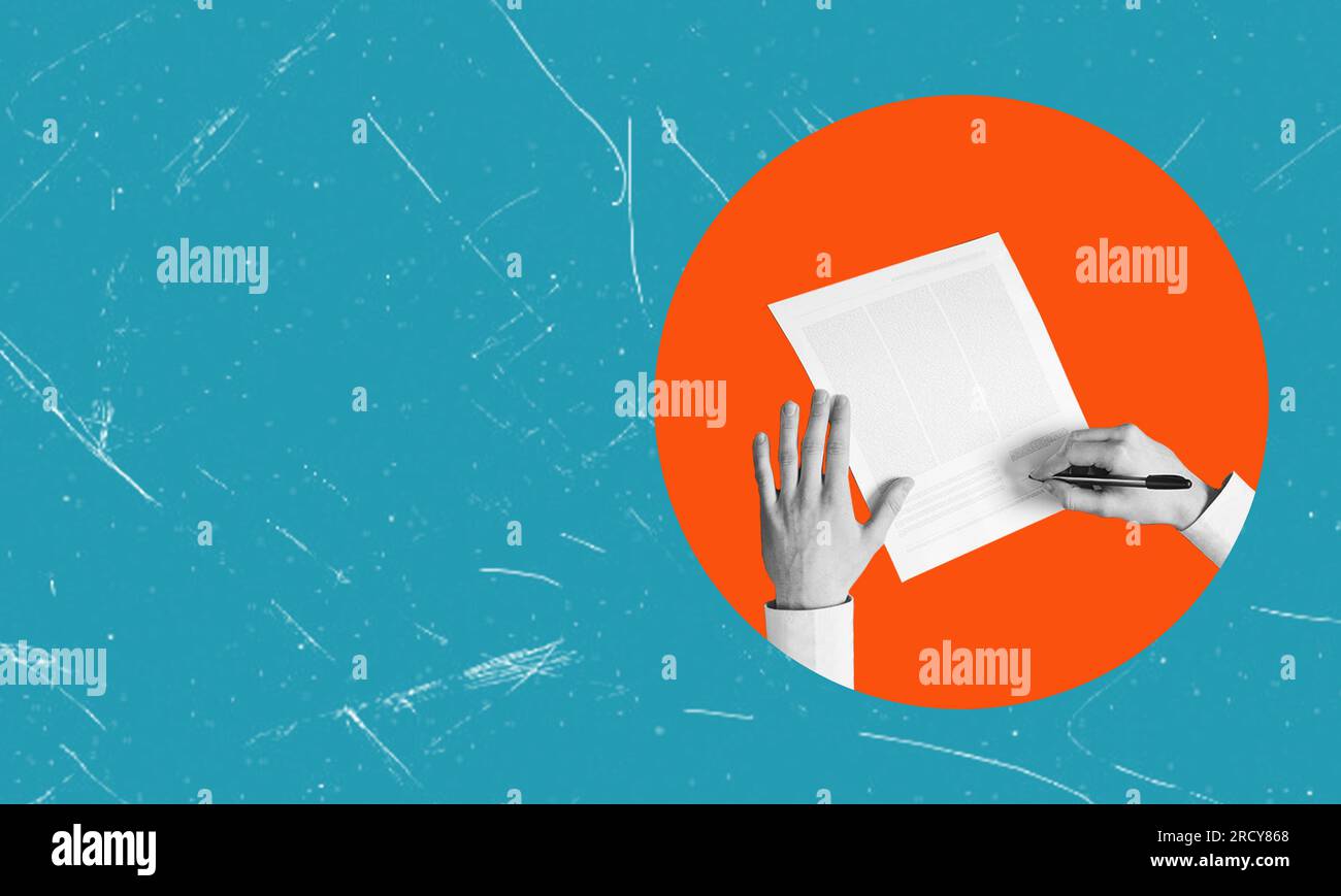 Creative art collage hand signing final contract document on blue ...