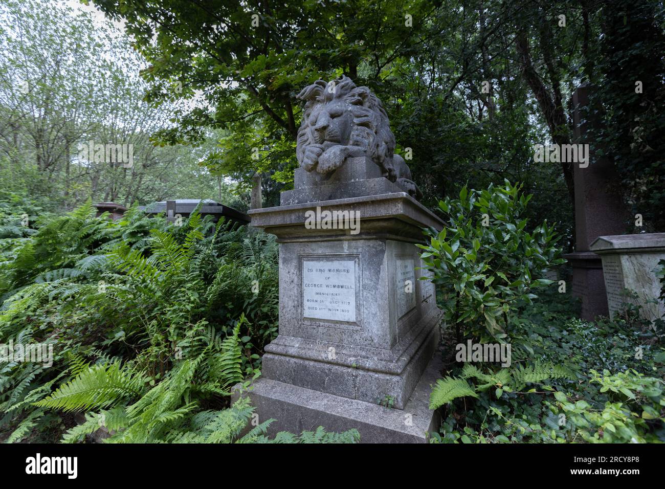 London, UK- 16 July 2023: George Wombwell's tomb with a sculpture of ...