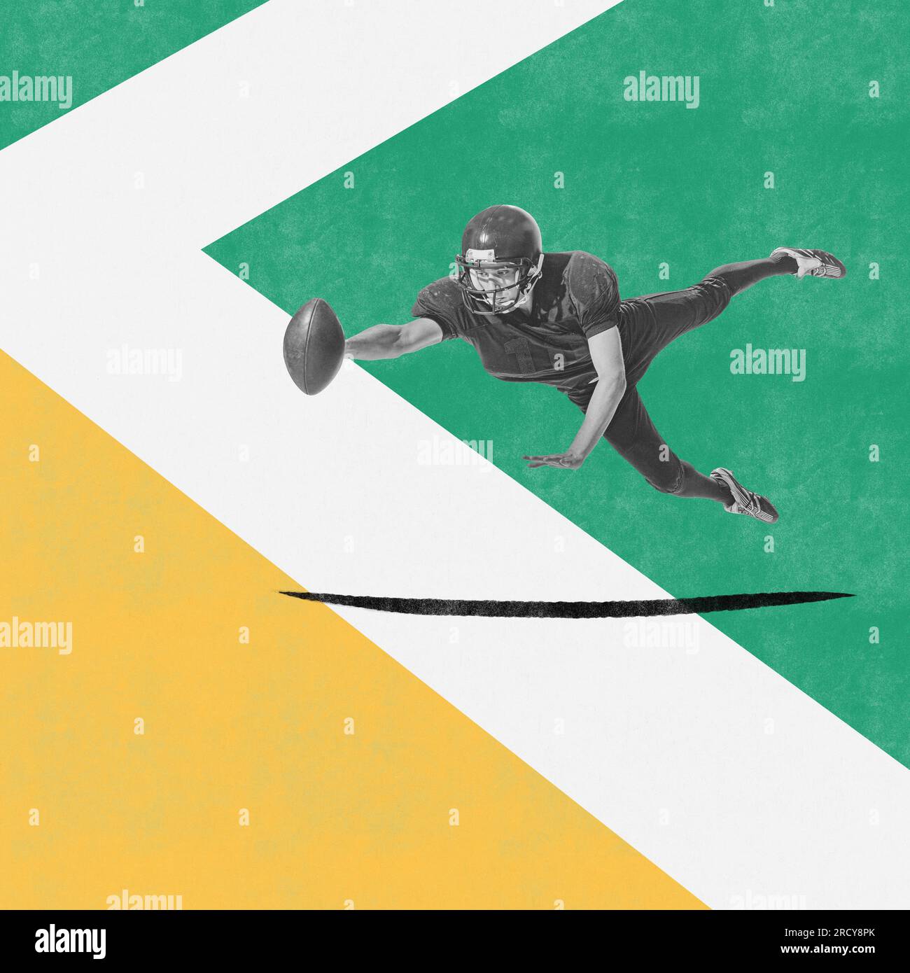 Contemporary art collage. Young man, american football player in motion ...