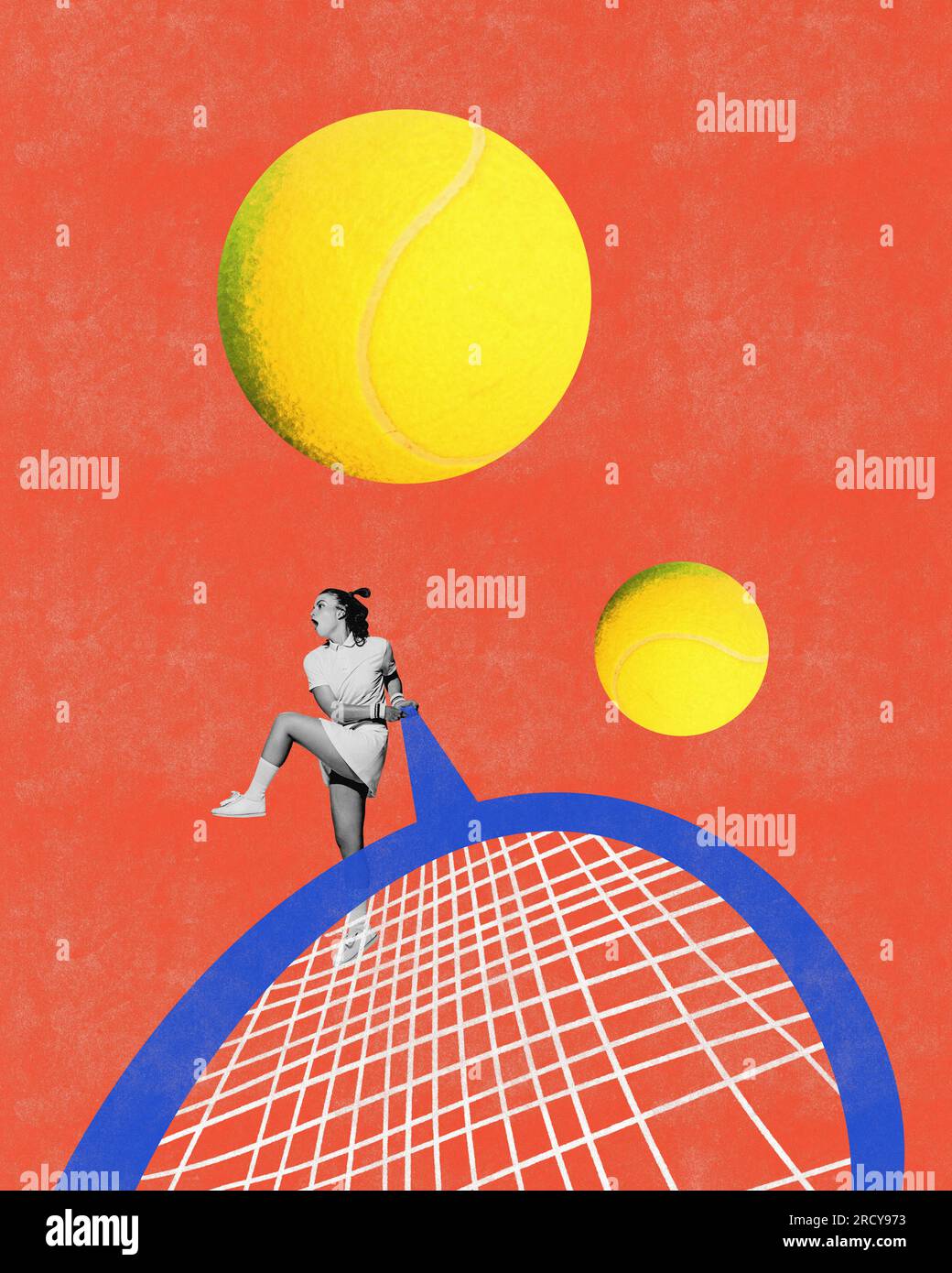 Contemporary art collage. Young girl, professional tennis player in ...