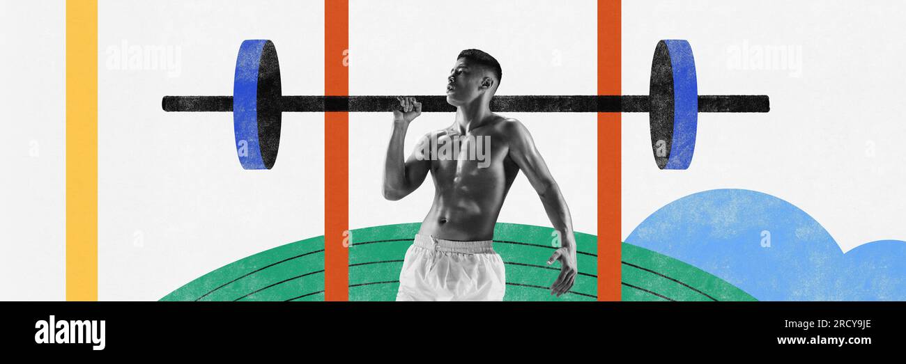 Contemporary art collage. Muscular, athletic man training, bodybuilder ...