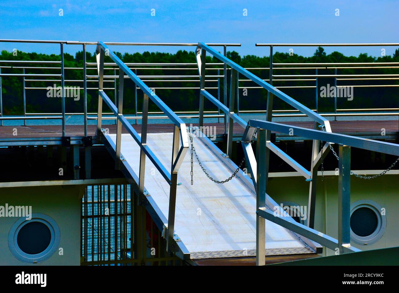 aluminum gangway or platform, plank to board a ship. steel pipe railing ...
