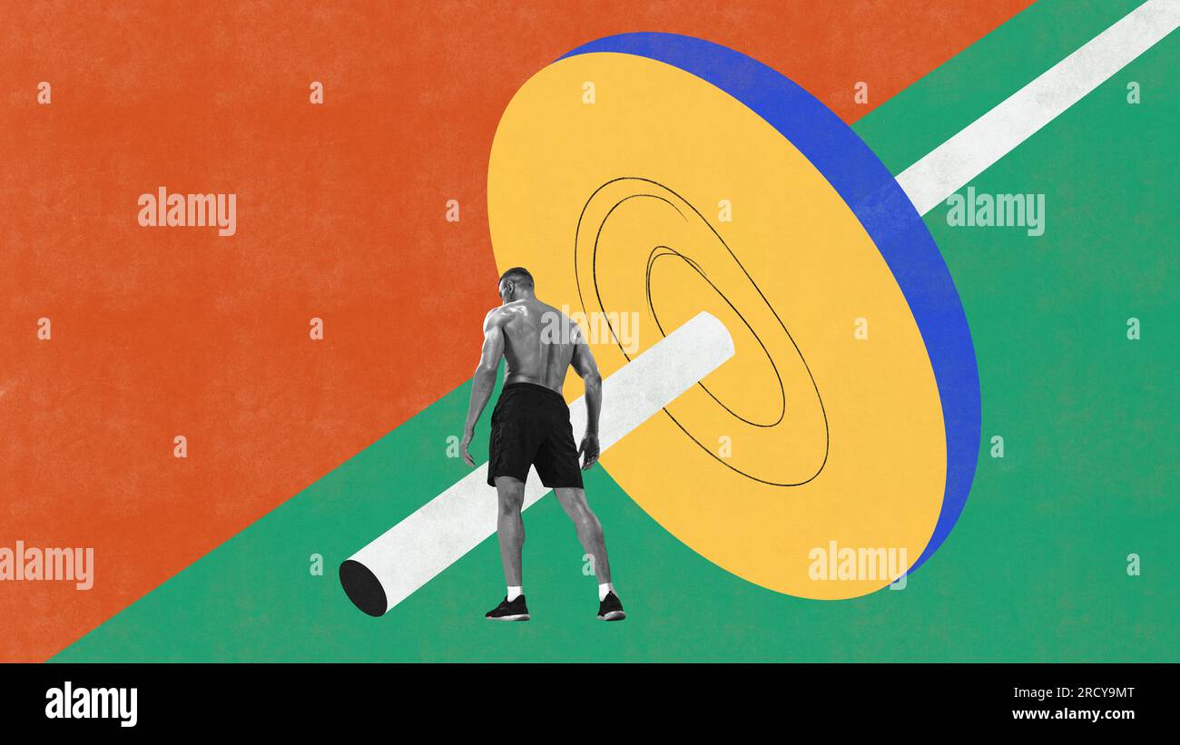 Contemporary art collage. Muscular, athletic man training, bodybuilder ...