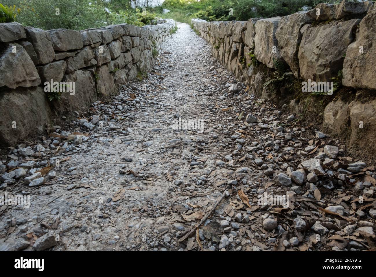 Gravel and pebble covered path leading away across a stone walled ...
