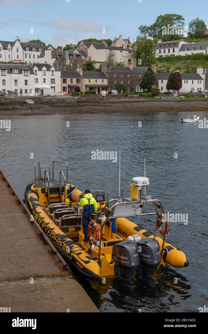 Portree, Isle of Skye, Scotland, UK. 5 June 2023. Crewman on inflatable rib before taking on ...