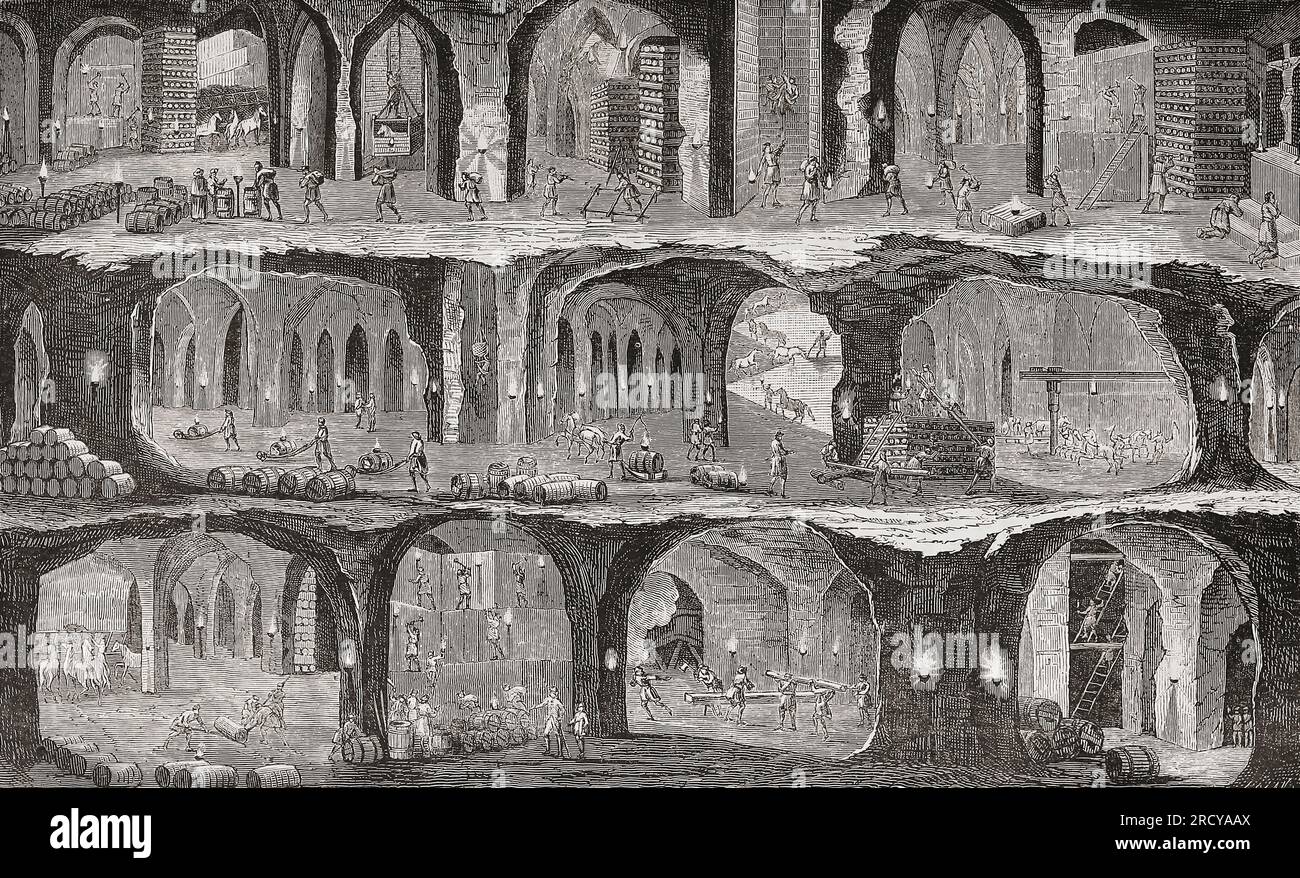 19th century illustration showing cross section of three levels of the ...