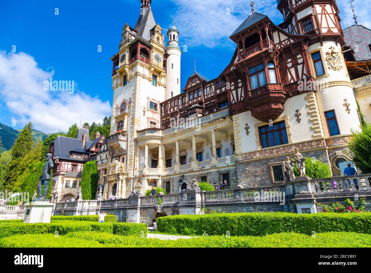 Exterior of alpine, neo-renaissance, half-timbered style Peles Castle ...