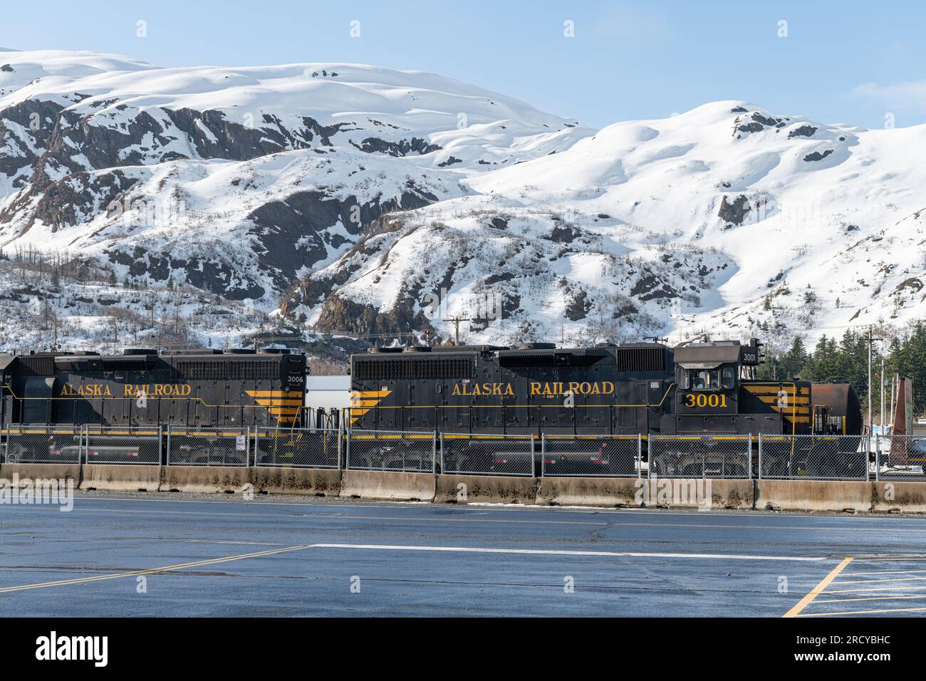 Alaska Railroad Locomotive 3001 with snow covered mountains behind ...