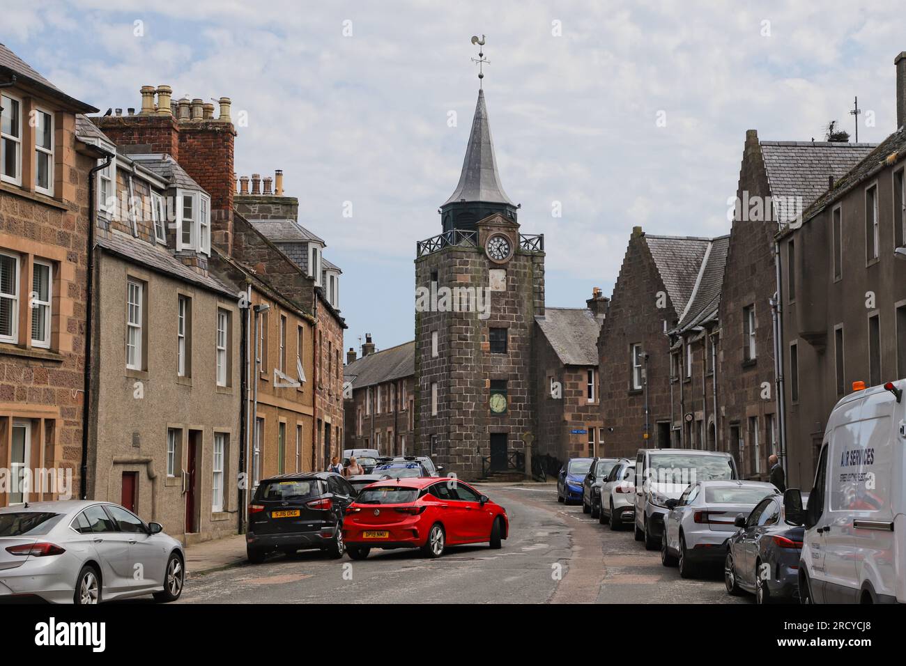 Stonehaven High Street with Stonehaven clock tower Scotland July 2023 ...
