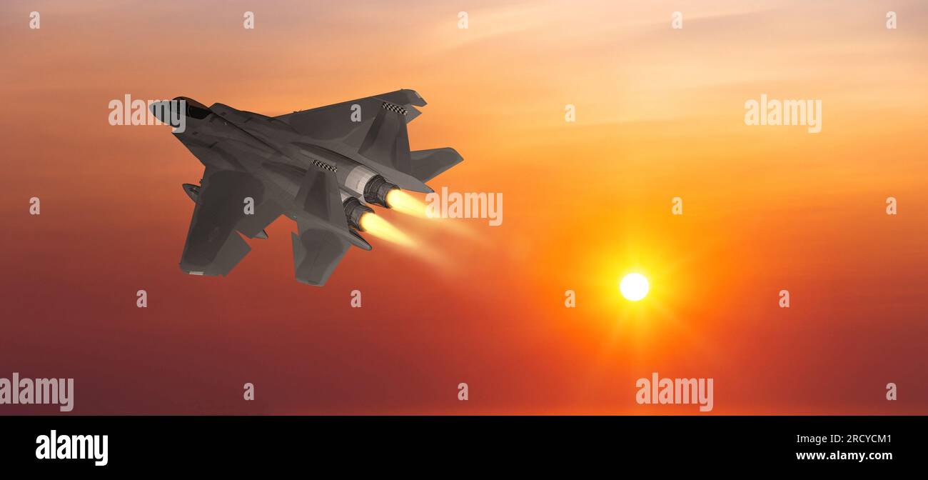 Military aircraft flying on a sunset sky background Stock Photo - Alamy