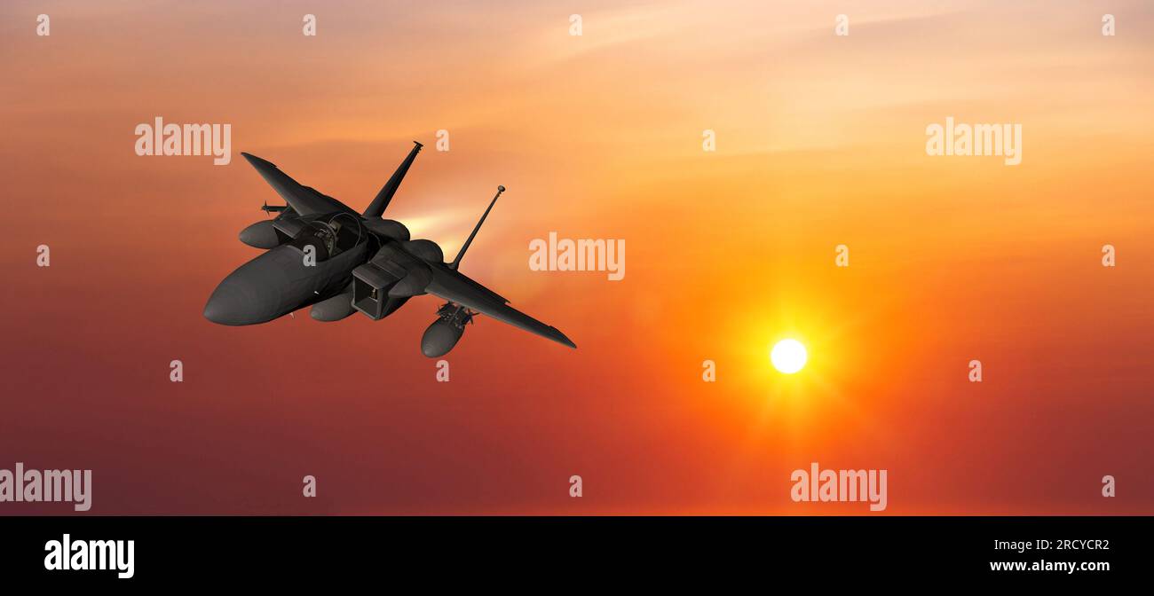 Military aircraft flying on a sunset sky background Stock Photo - Alamy