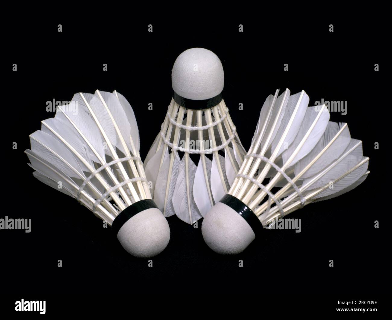 Three white badminton shuttlecocks from synthetic feathers isolated on ...