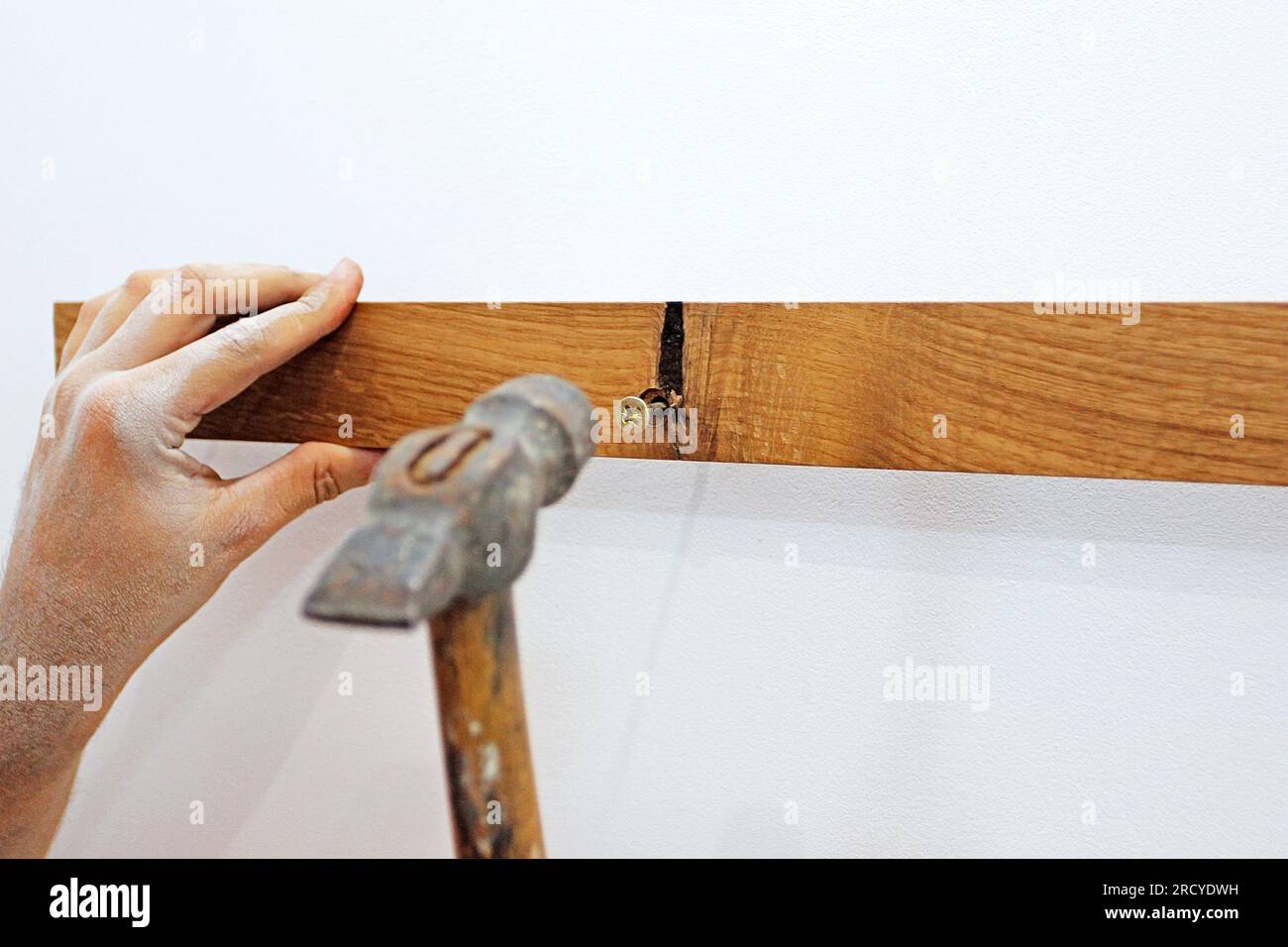 plug the screw into the dowel in the hole in the oak plank on the white ...