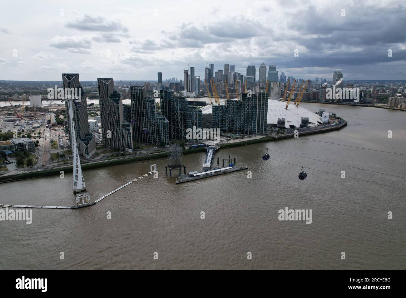 London Cable Car , O2 arena and city skyline in background aerial Stock ...