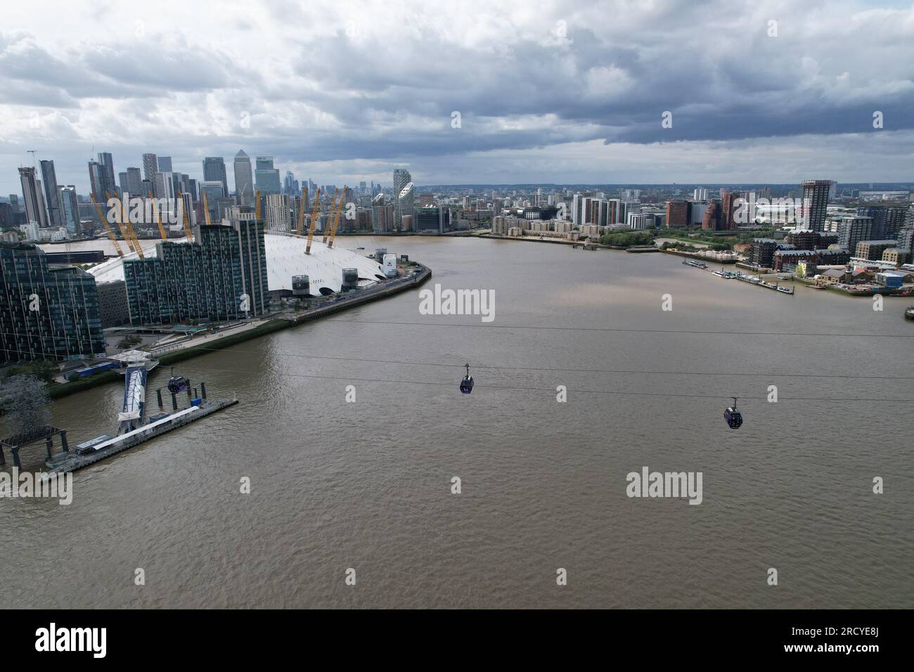London Cable Car , O2 arena and city skyline in background aerial Stock ...