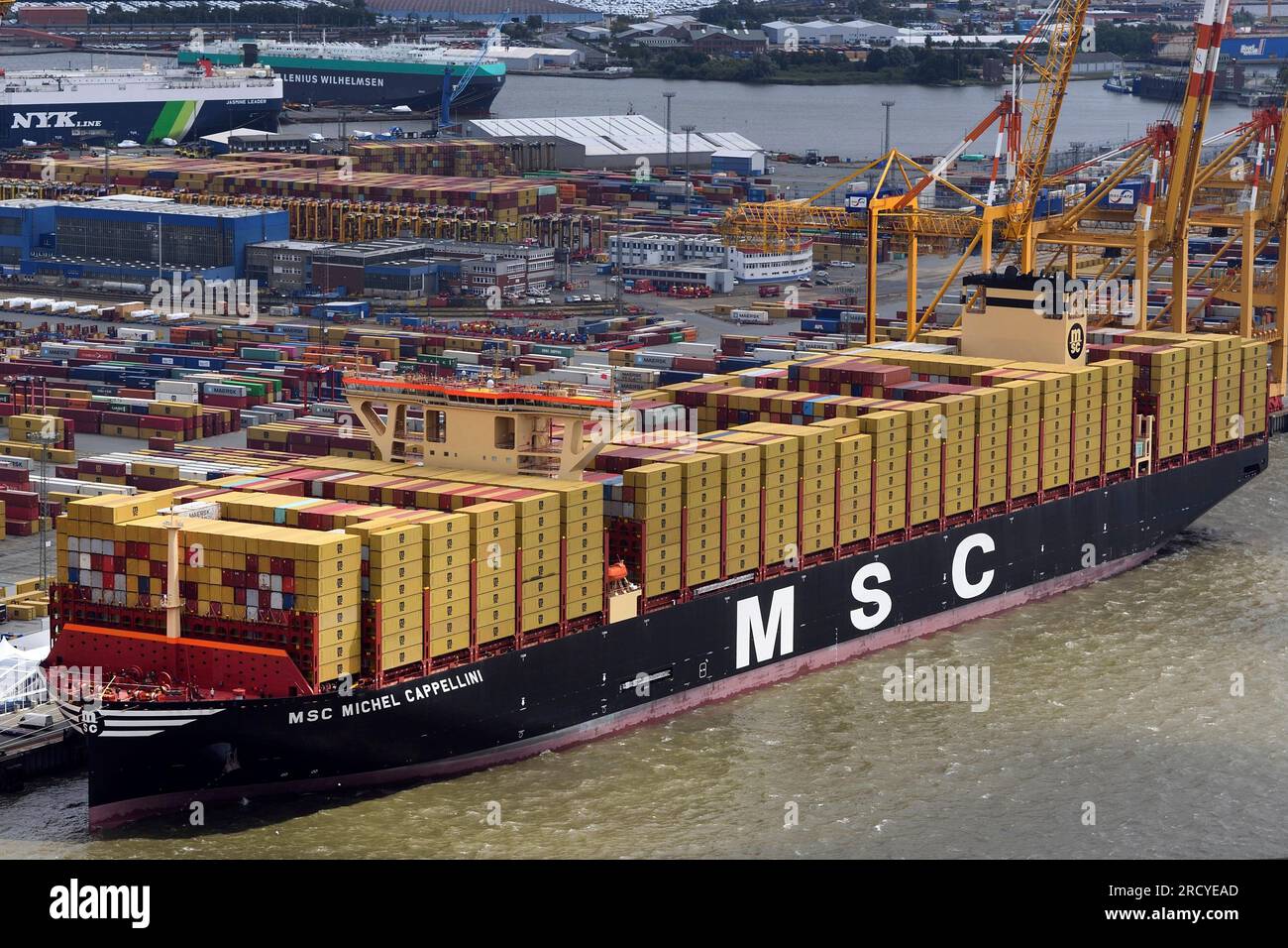 The mega freighter "MSC Michel Cappellini", built in China, lies in the ...