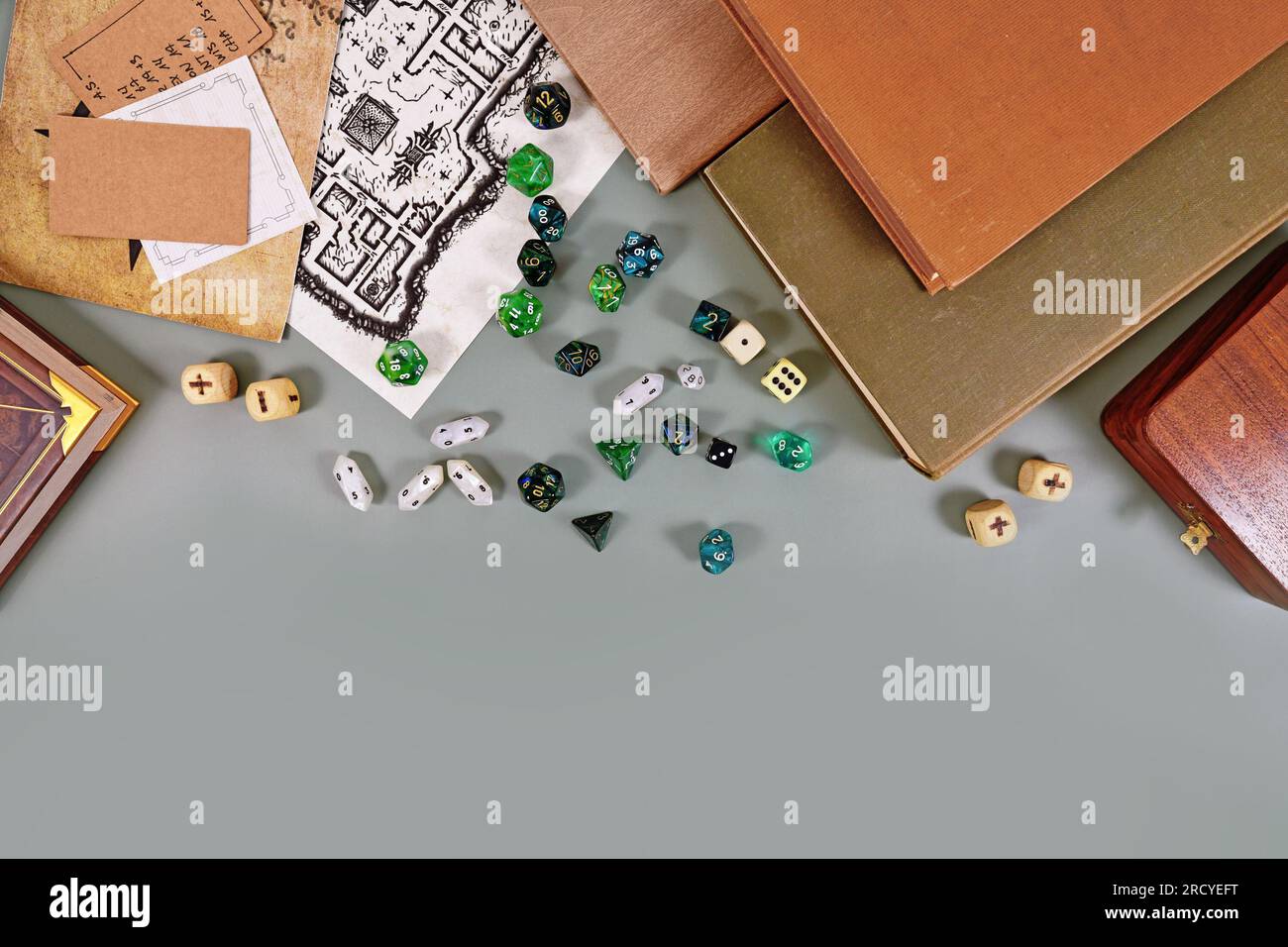 Tabletop roleplaying flat lay with RPG and game dices, rule book, notes ...