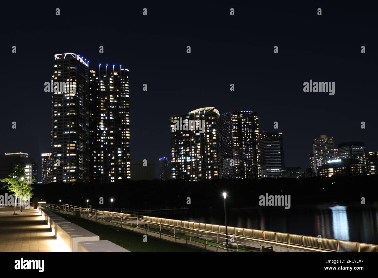 Night view of Toyosu high-rise apartments in Tokyo, Japan Stock Photo ...