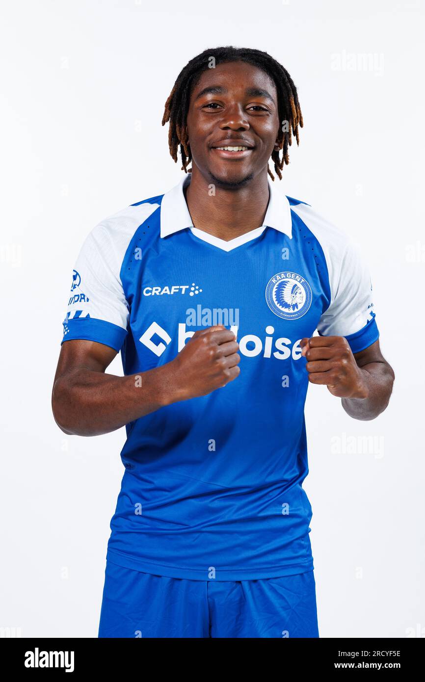 Oostakker, Belgium. 17th July, 2023. Gent's Justin Munezero poses for a ...