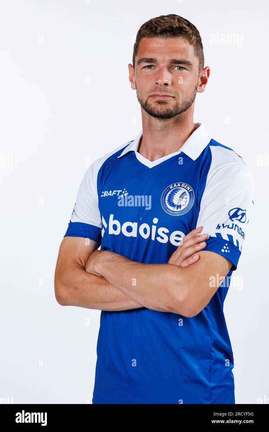 Oostakker, Belgium. 17th July, 2023. Gent's Hugo Cuypers poses for a ...
