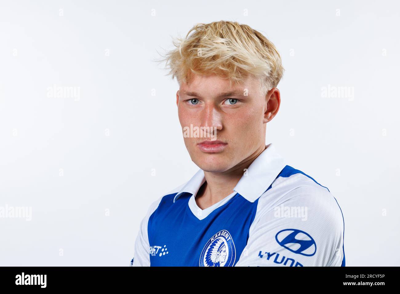 Oostakker, Belgium. 17th July, 2023. Gent's Noah De Ridder poses for a ...