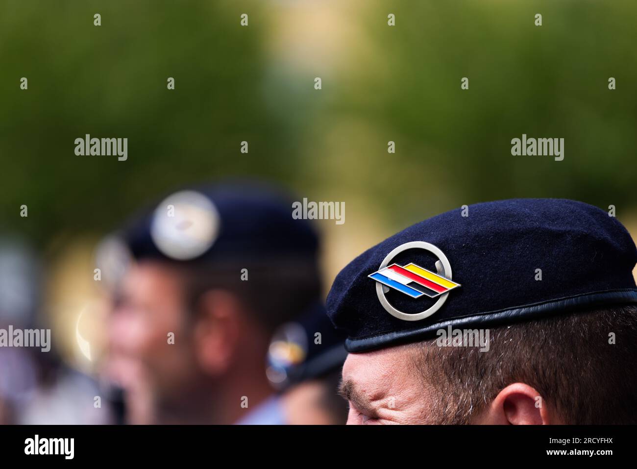 17 July 2023, Baden-Württemberg, Müllheim: German and French soldiers ...