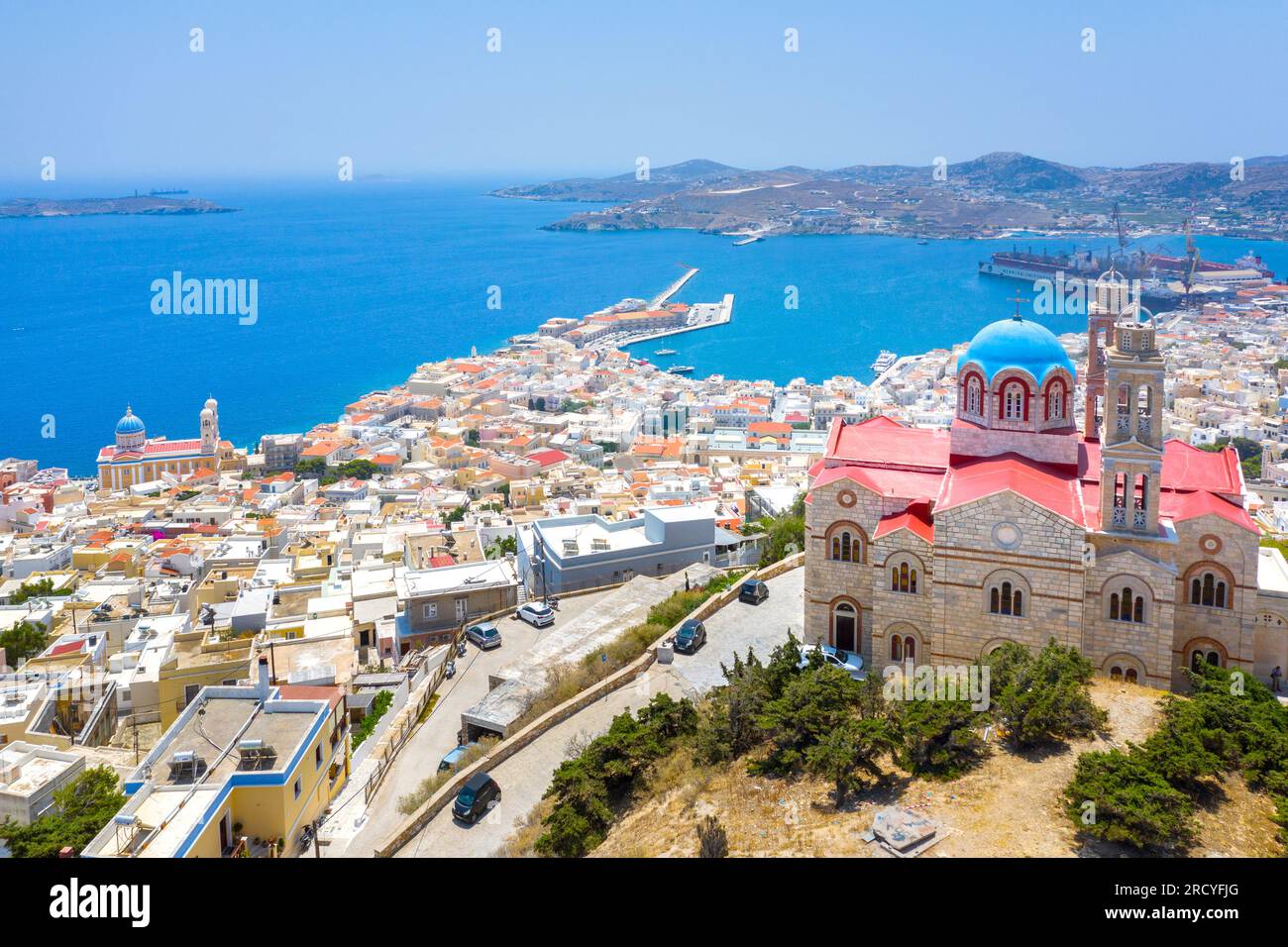 Panoramic view of Ermoupoli and Ano Syra towns in Syros island ...