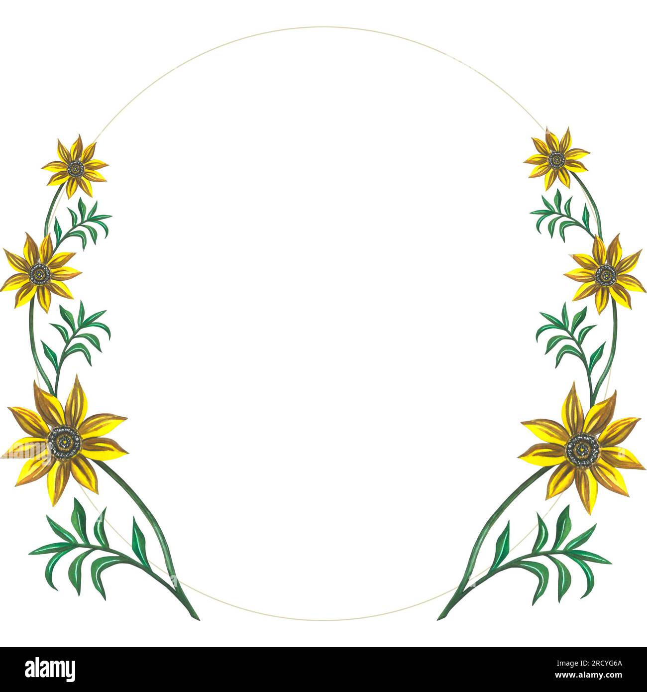 Watercolor illustration sunflowers round frame. Made by hand on a white ...