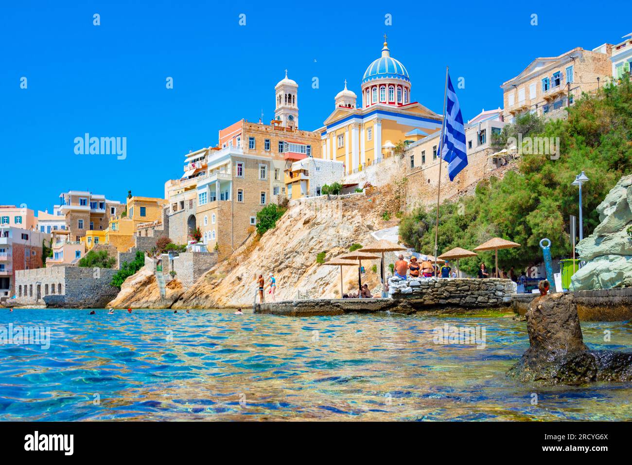 Panoramic view of Ermoupoli and Ano Syra towns in Syros island ...