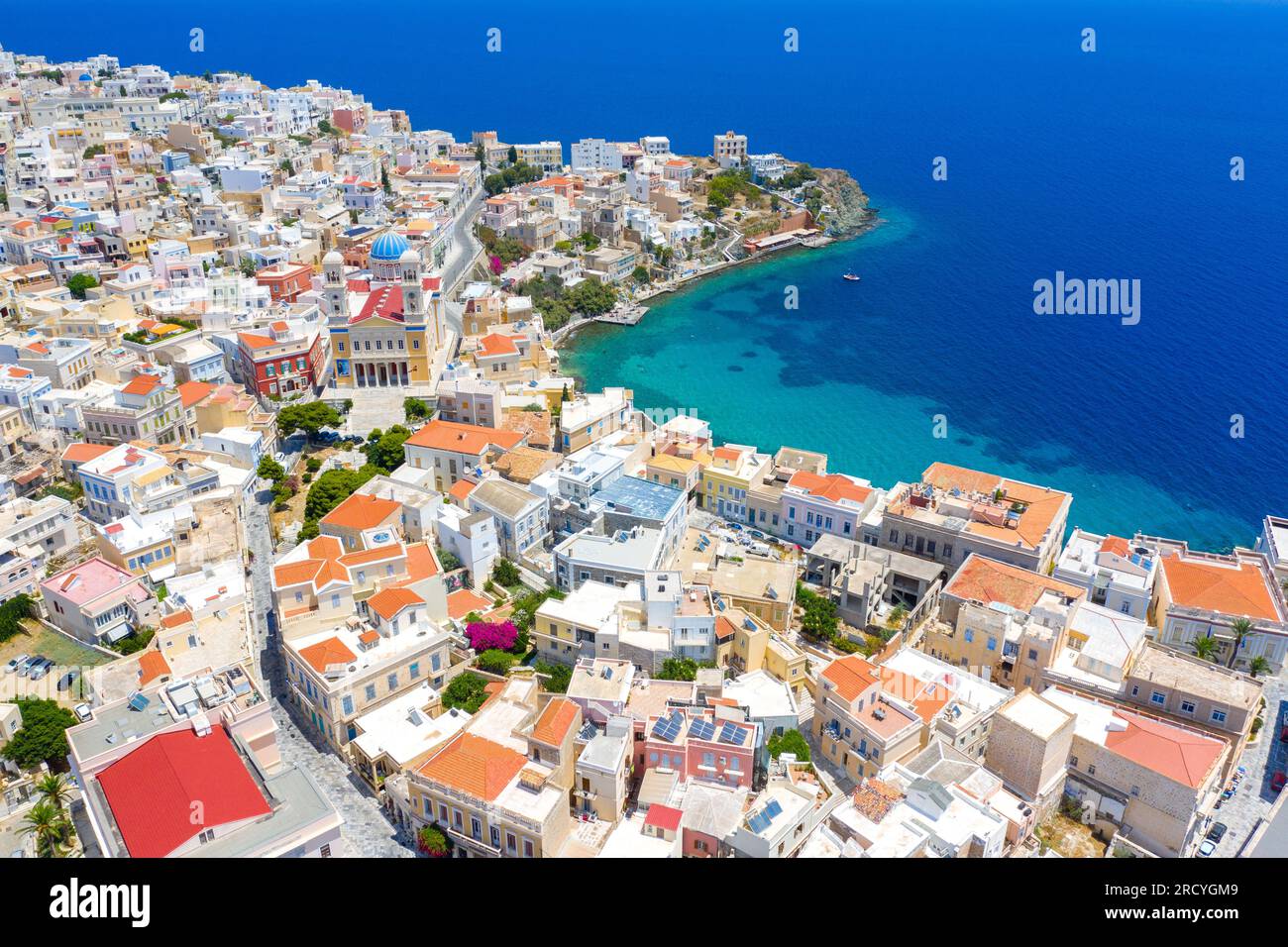 Panoramic view of Ermoupoli and Ano Syra towns in Syros island ...