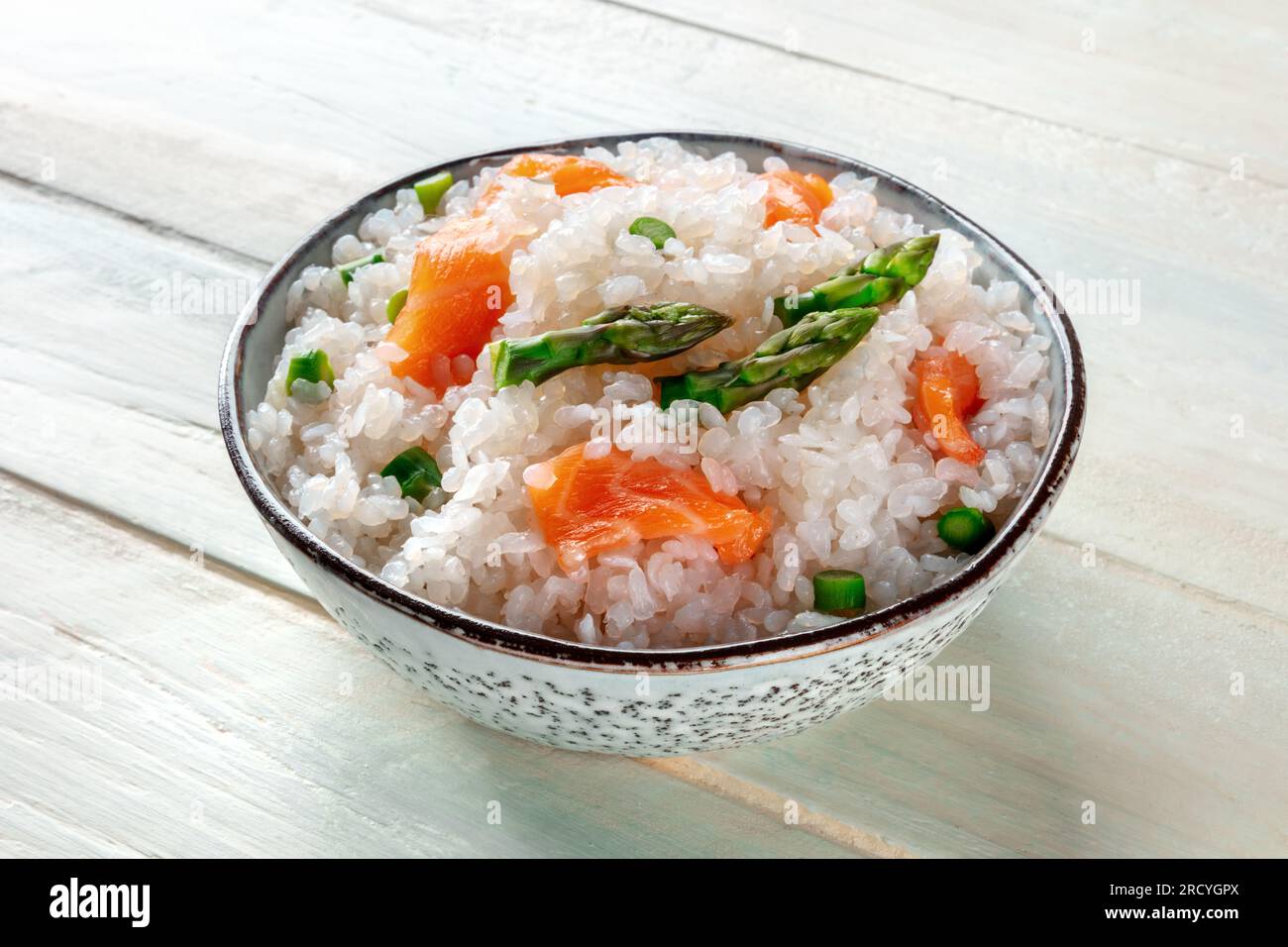 Konjac rice. Shirataki with salmon and asparagus, a healthy diet dish ...