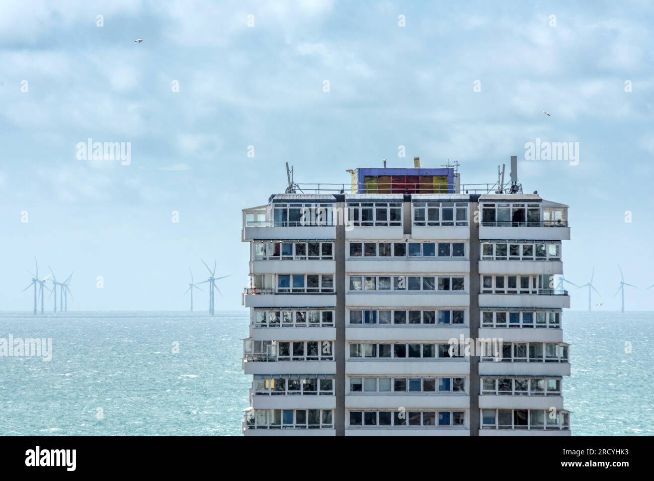 Brighton, July 17th 2023: Tower block on Brighton seafront with Rampion ...
