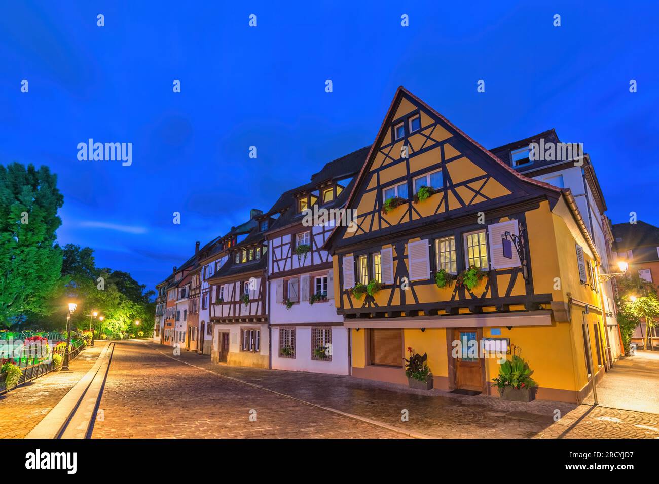 Colmar France, Colorful Half Timber House night city skyline Stock ...