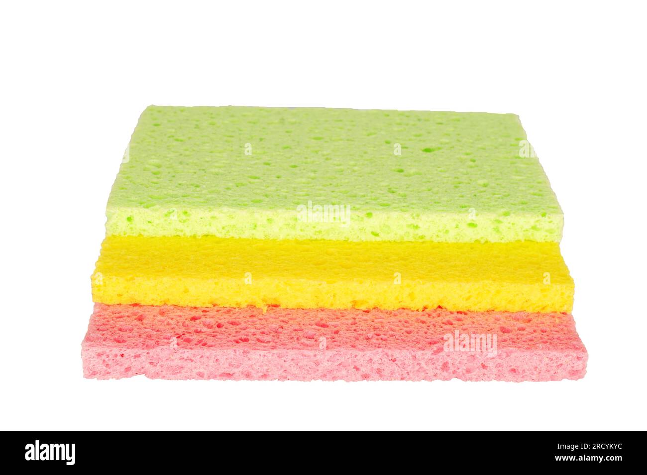 Three colored cellulose kitchen sponges, macro, isolated on white ...