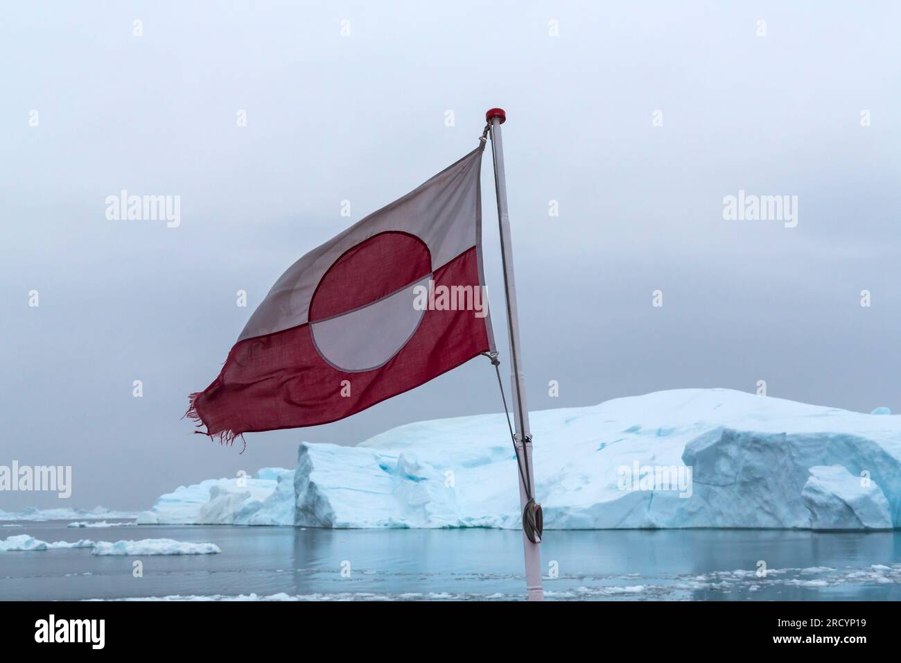Greenland flag blows with iceberg behind at Ilimanaq, Disko Bay ...