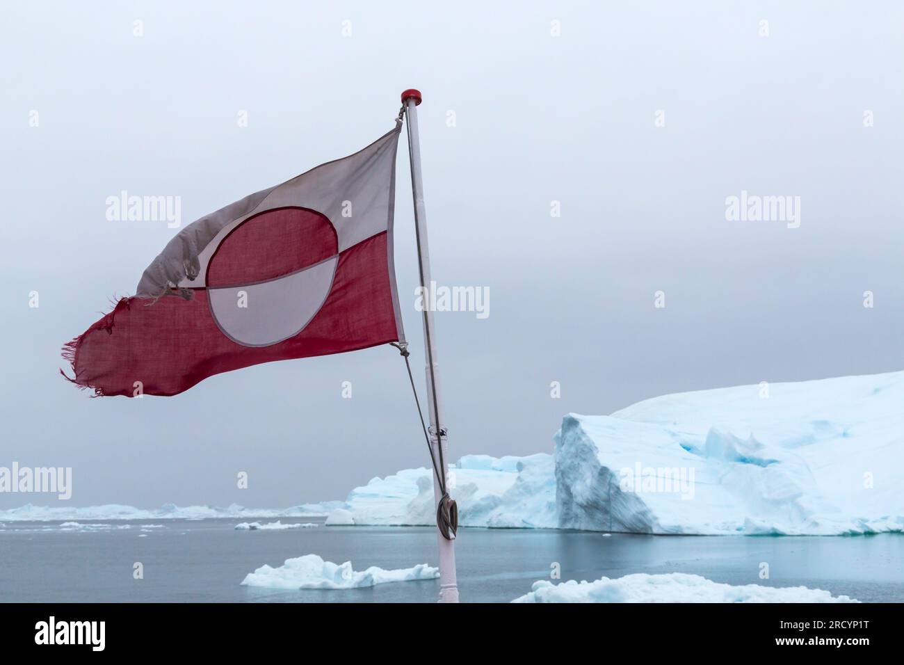 Greenland flag blows with iceberg behind at Ilimanaq, Disko Bay ...