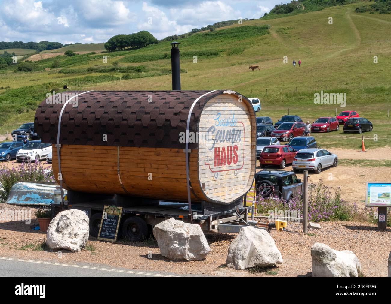 A mobile sauna cabin beside the beach shore at Seatown, near Chideock ...