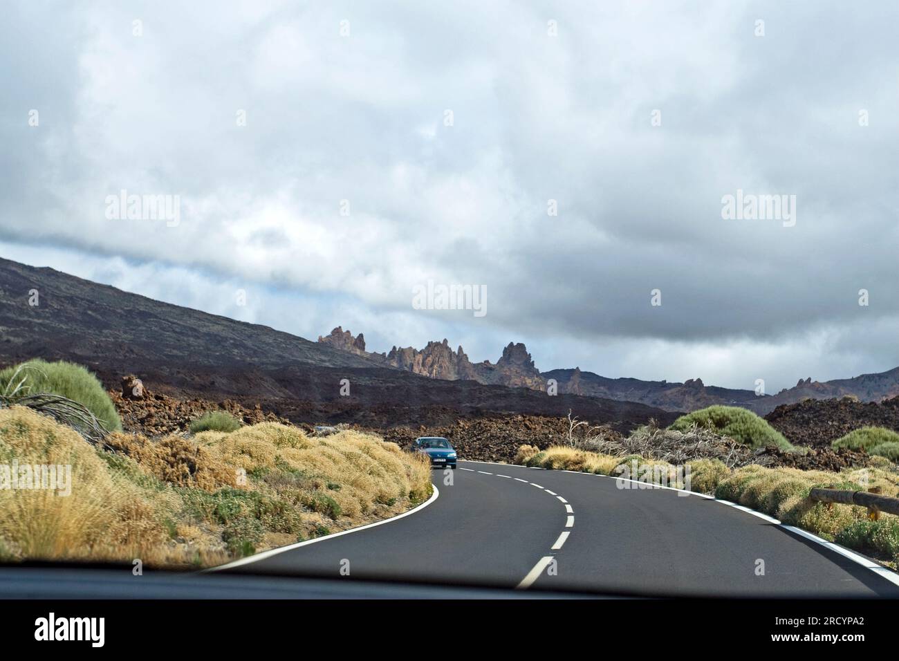 road to foggy clouds on the track to the Teide volcano in Tenerife with ...